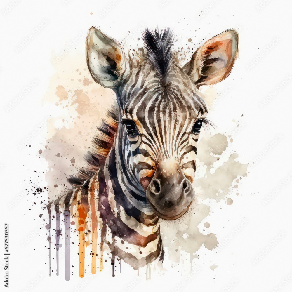 Watercolor illustration of a cute zebra on white background. Pretty ...