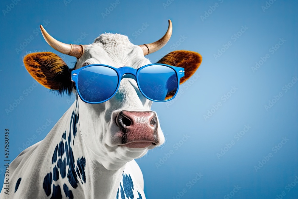Funny cow with sunglasses in front of blue studio background ...