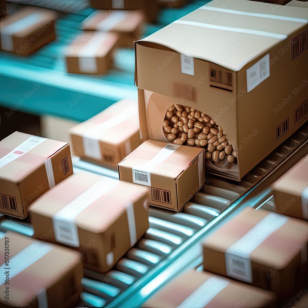Cardboard boxes on a conveyor belt on a blue background. Inventory ...