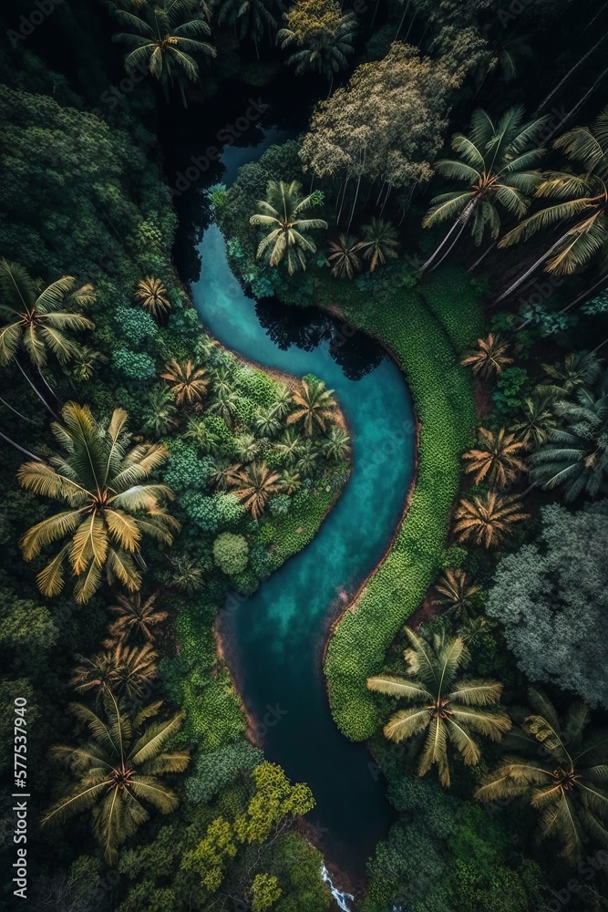 A drone photo captures the lush greenery of the jungle, with a winding ...