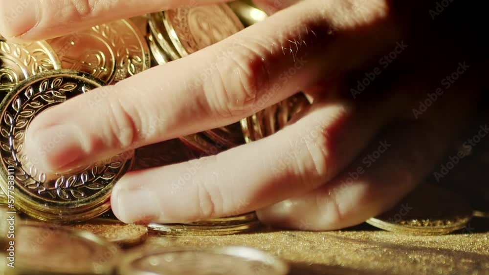 Hand grabbing shiny golden coins slowly falling with sparkling golden ...