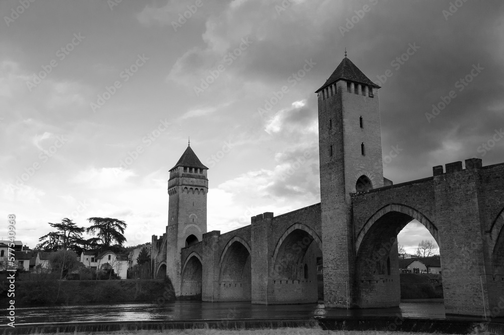 Cahors, France. Valentre bridge with its picturesque towers over Lot ...