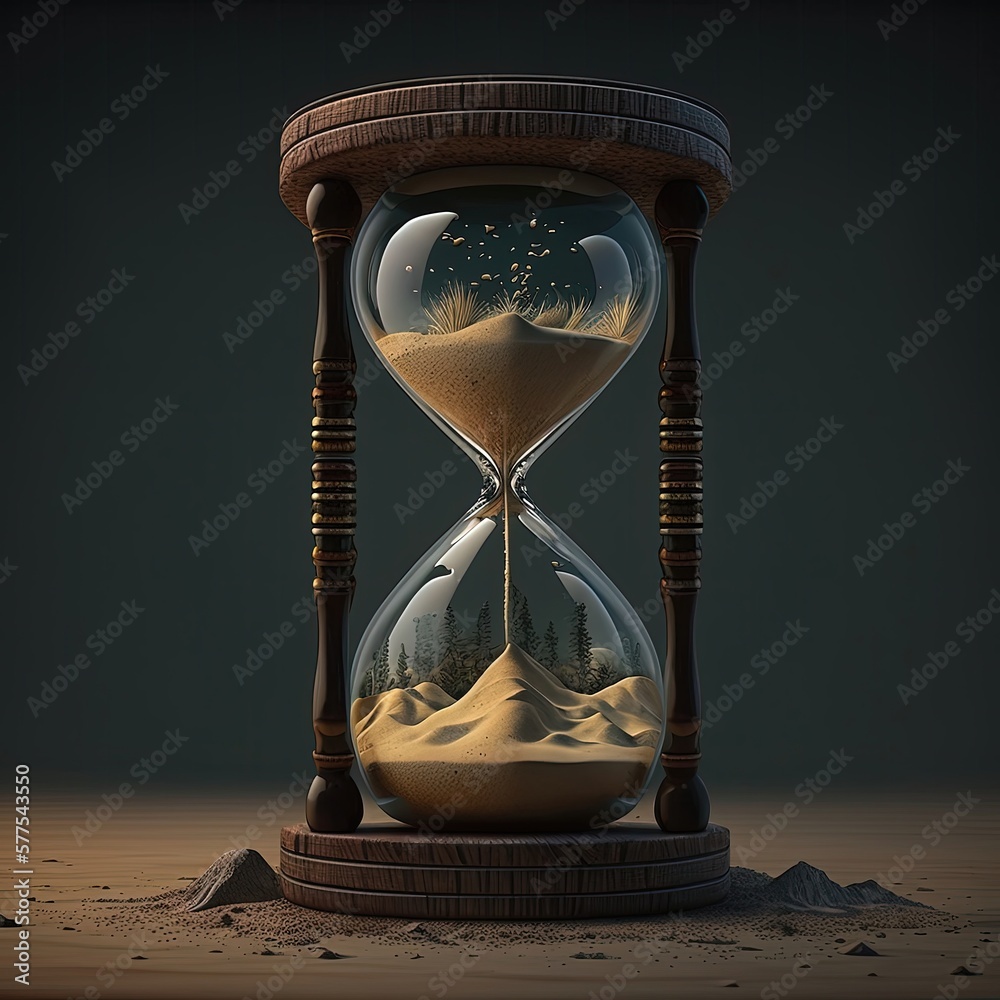 Hourglass with trees inside on a black background. Time, ancient timer ...