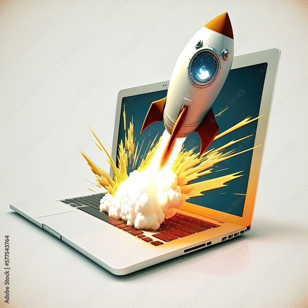 Rocket pouring out of a laptop screen at an angle on a white background ...