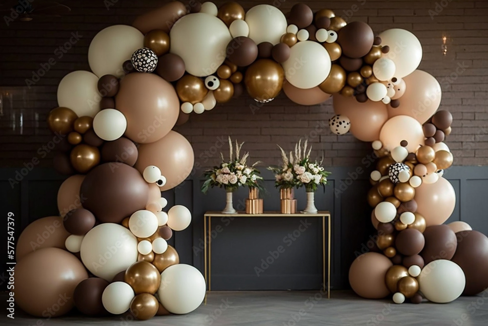 decoração de aniversário com balões marrons e dourados , preparativos ...