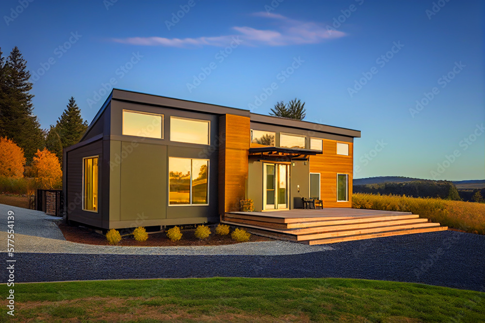 Prefab house on sunset. Modern Suburban Modular house construction ...