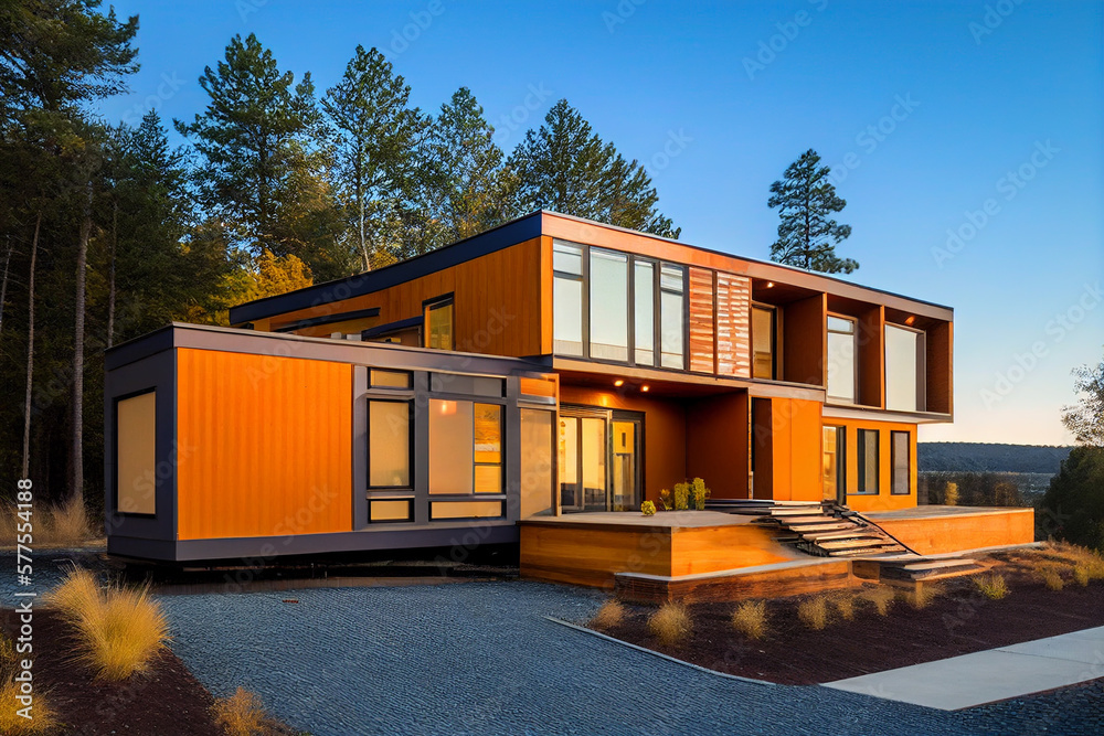 Prefab house on sunset. Modern Suburban Modular house construction ...