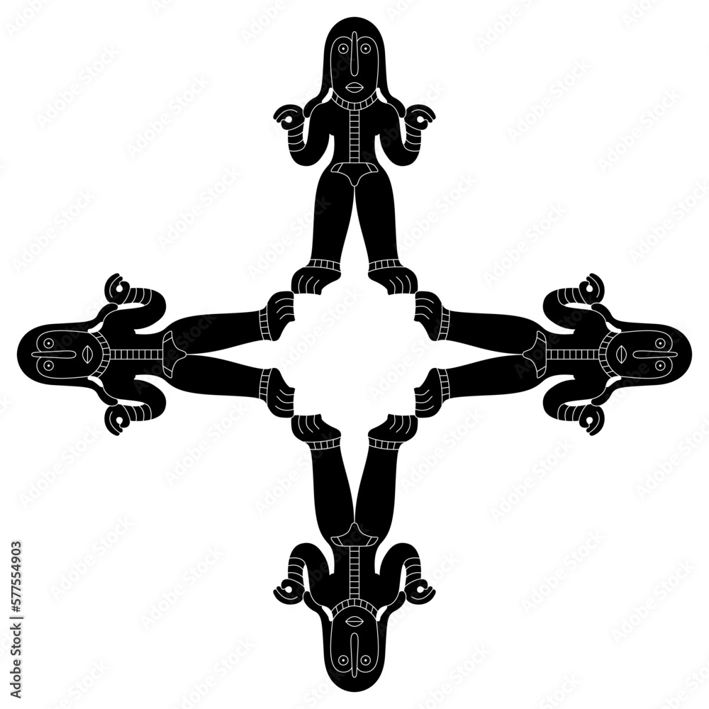 Square ornamental shape of frame with four female figurines. Pagan ...
