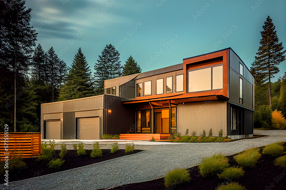 Prefab house on sunset. Modern Suburban Modular house construction ...