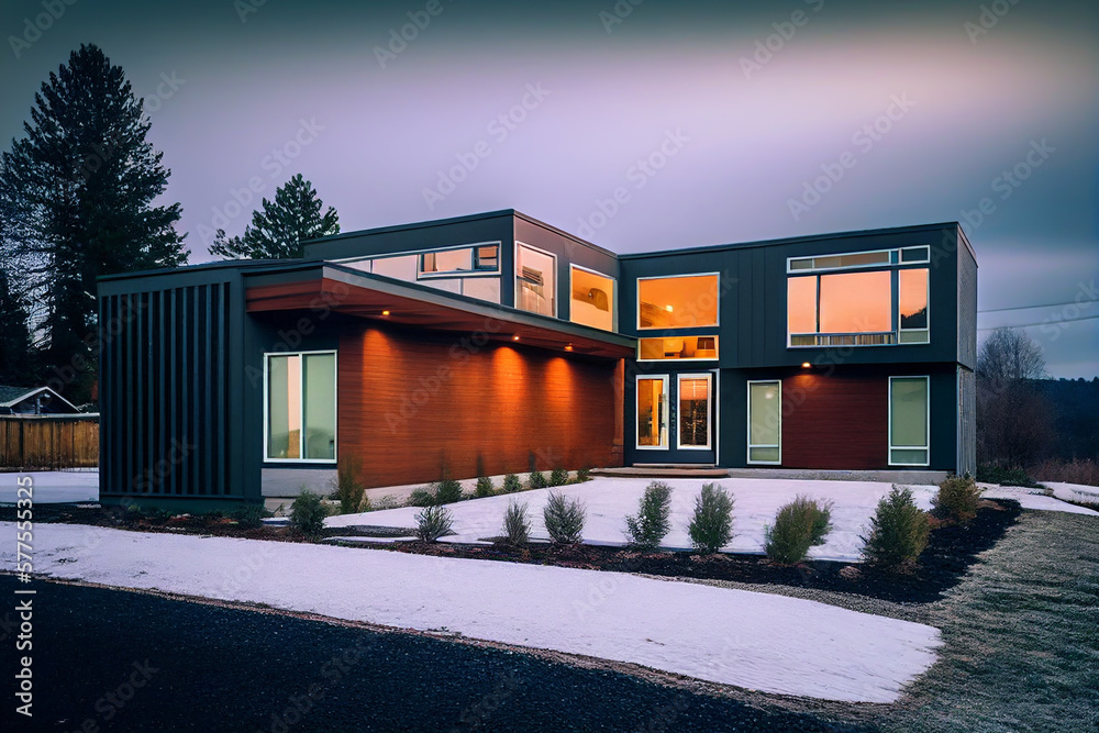 Prefab house on sunset. Modern Suburban Modular house construction ...