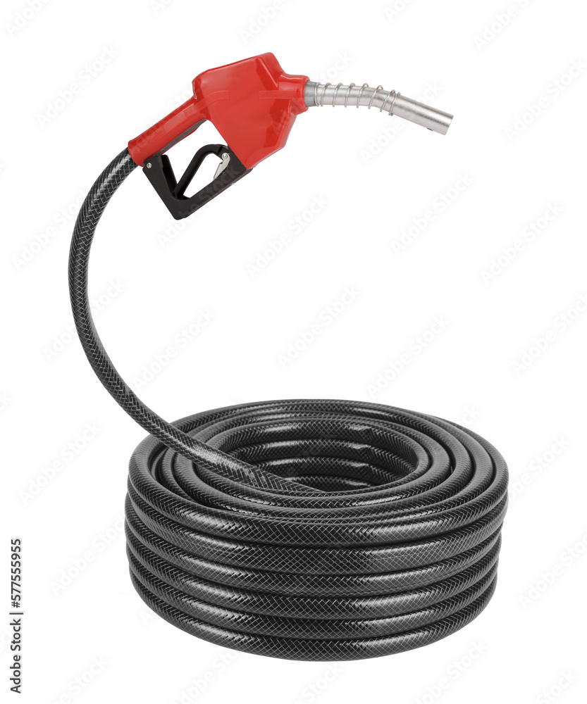 Coiled flexible tube gasoline hose hosepipe with gas pistol isolated on ...