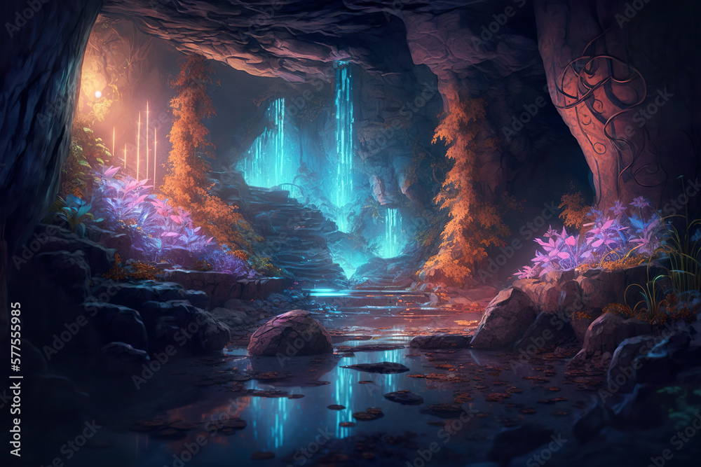 Fantasy underground cave with a stream and a small waterfall, with ...