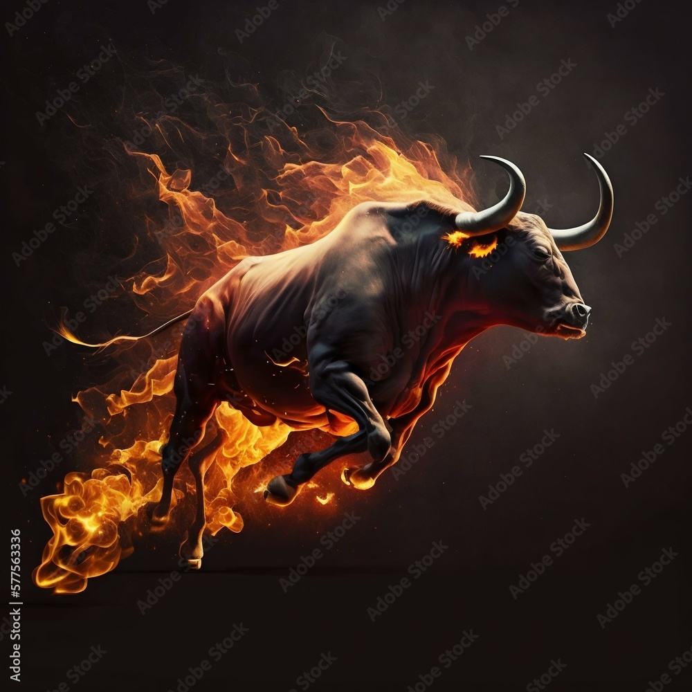 Fire flame bull on black background. Generative AI Stock Illustration ...