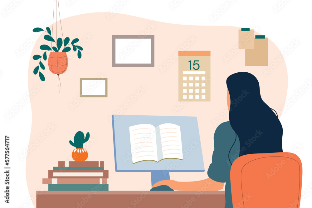 Online studying concept. Woman sits on chair in front of computer ...