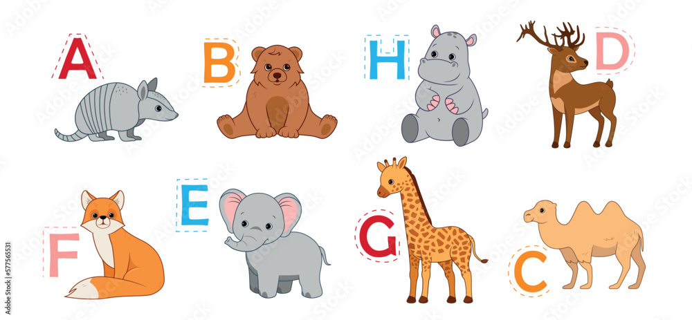 Alphabet animals set. Collection of mammals with letters. Education and ...