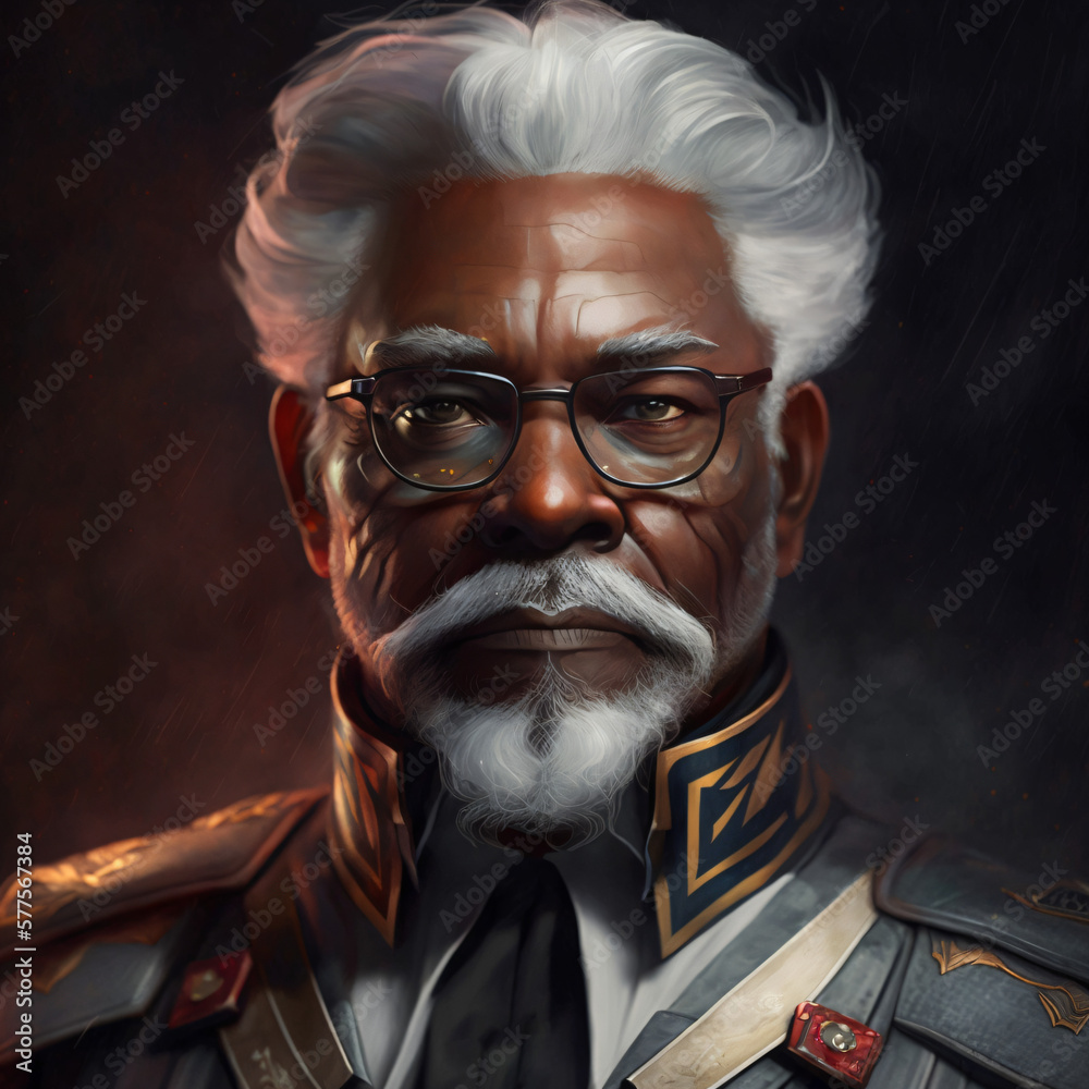 an old african american coronel high rank fantasy military wearing ...