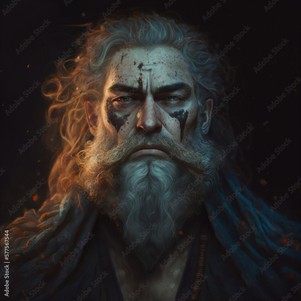 portrait of an old man full of battle scars on his face with a long ...