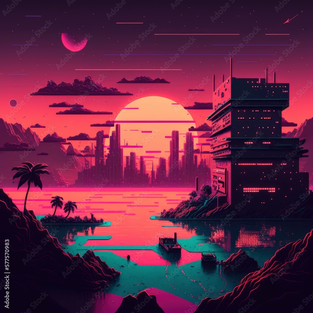 neon night city skyline, vintage vibe 1980, 70s, 90s, old school ...