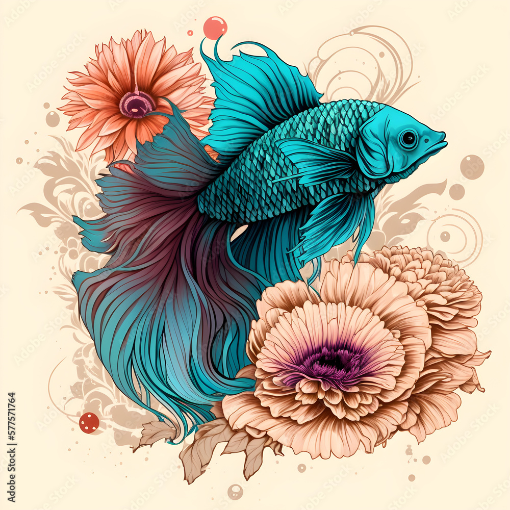betta fish swimming and flowers vector tattoo art color with brown ...