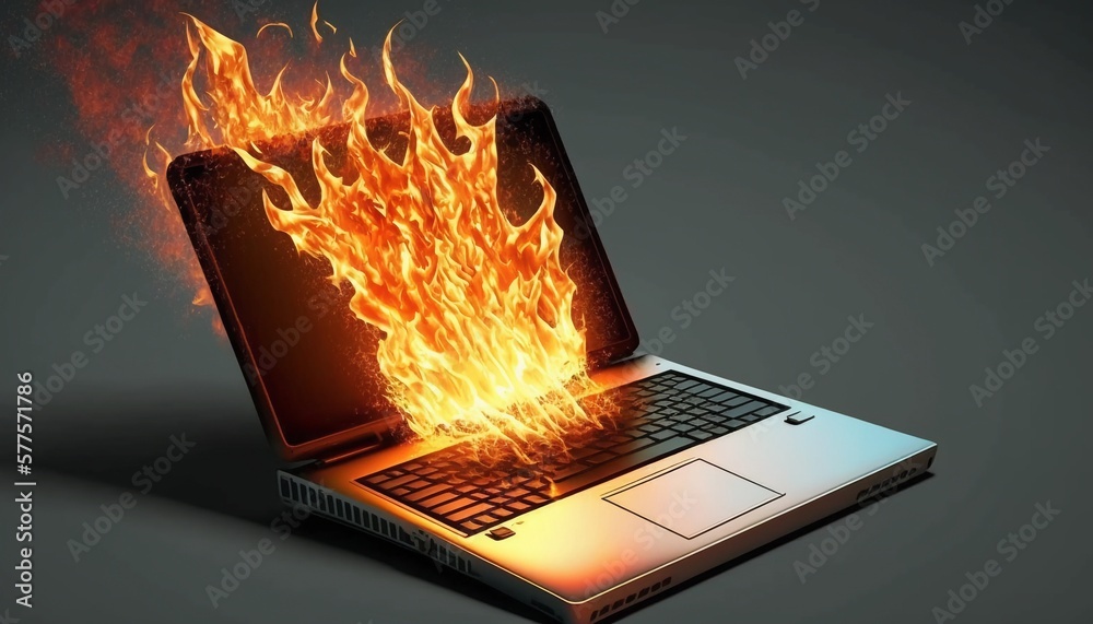 Burning Laptop Illustration in the Style of Vector Art. IT Emergency ...