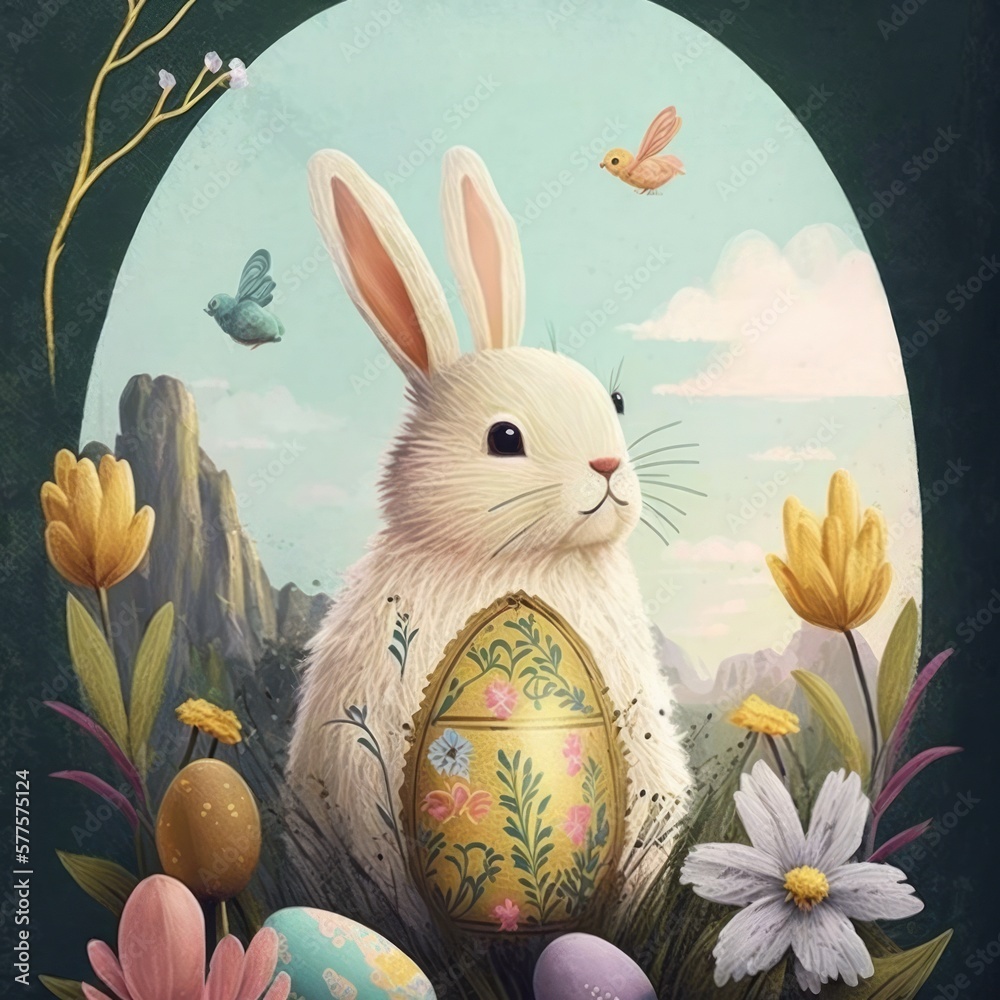 Easter bunny in a beautiful spring landscape, blue sky and clouds ...