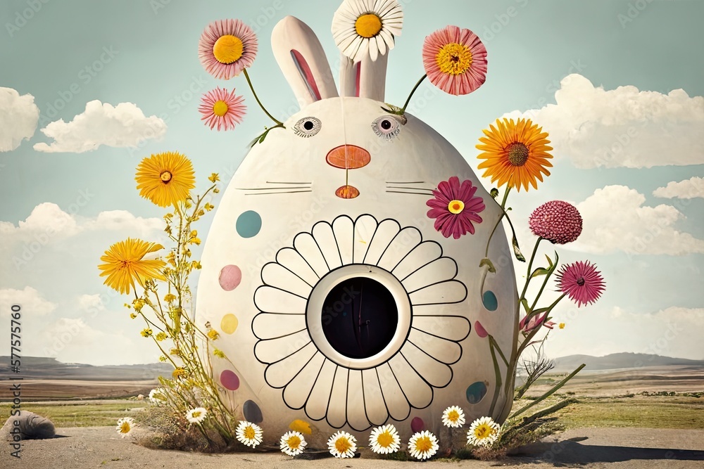 Easter bunny in his magical house surrounded by flowers, Generative AI, easter bunny, chocolate ...
