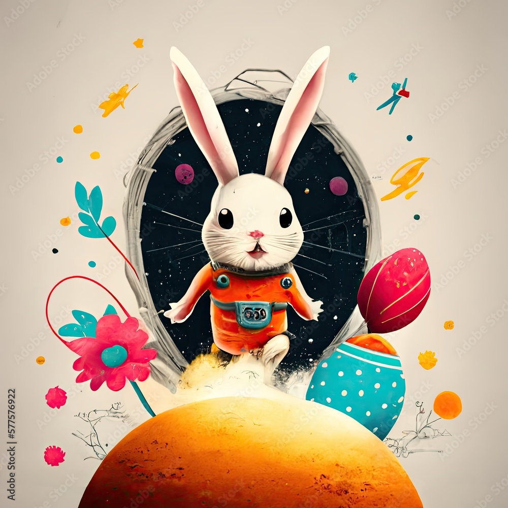 the easter bunny running out of a portal on to a sphere with flowers ...