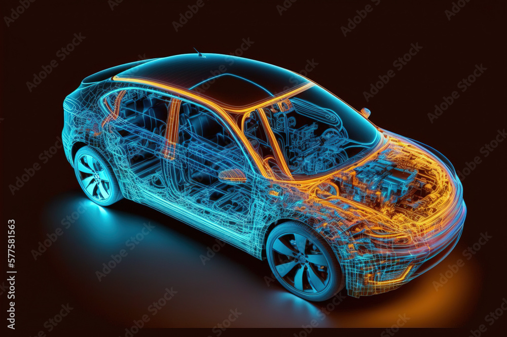 Virtual simulation of future electric car showing wireframe prototype model blueprint in display ...