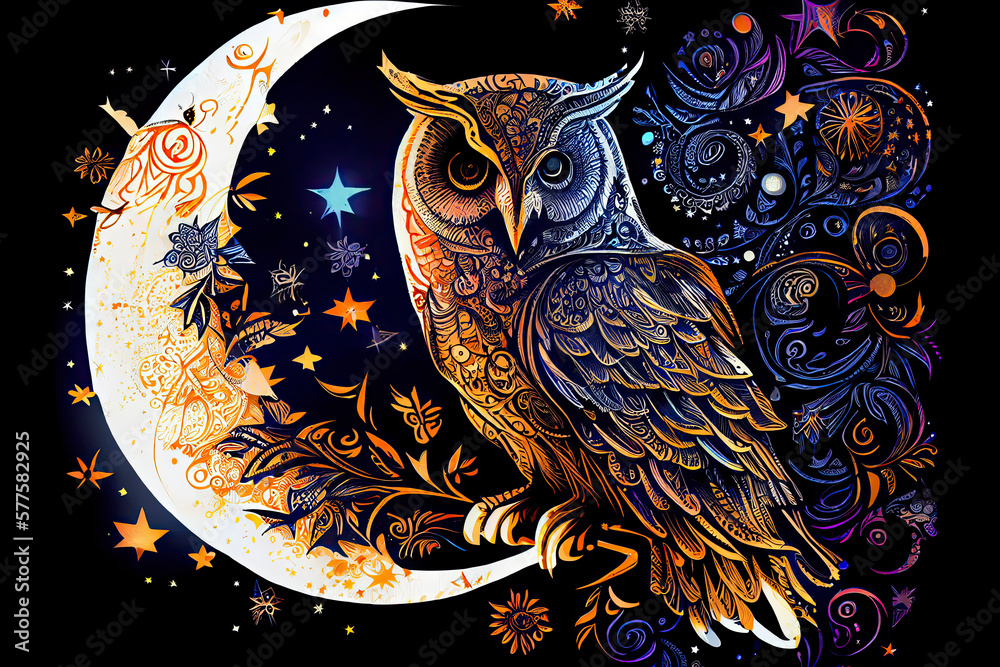 moon owl and stars boho sketch, night sky, barn owl, ornate scrollwork ...