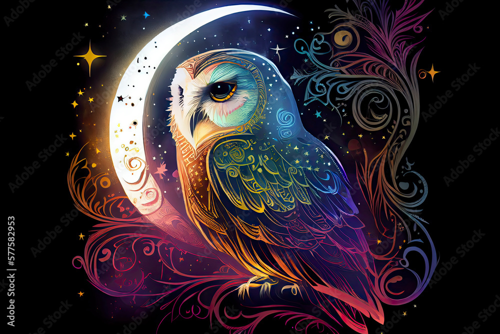 moon owl and stars boho sketch, night sky, barn owl, ornate scrollwork ...