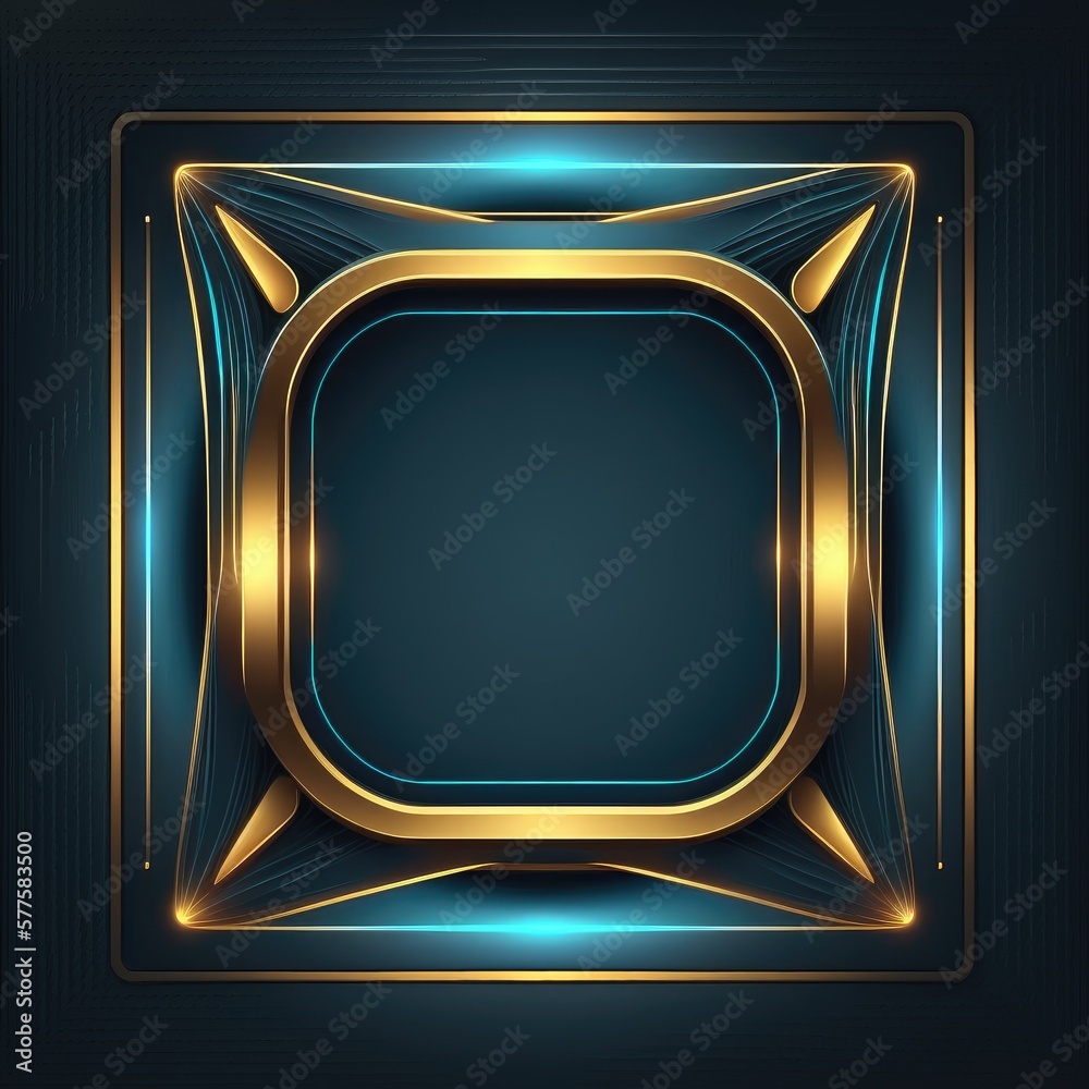 Abstract art of multi layer glowing golden and blue square frame with ...