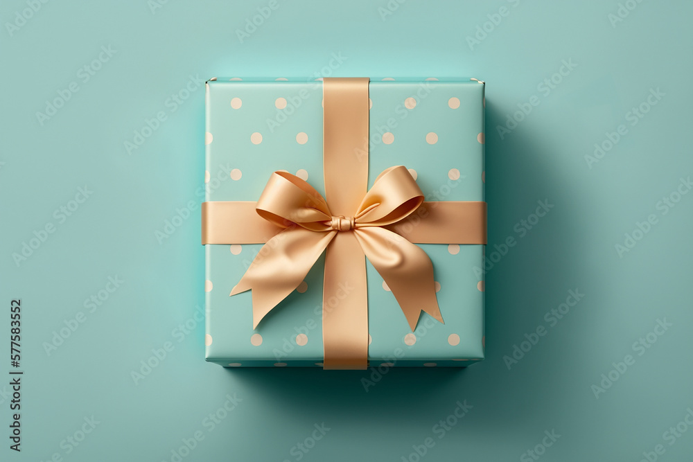 Light green present box with bow on the pastel green background, top ...