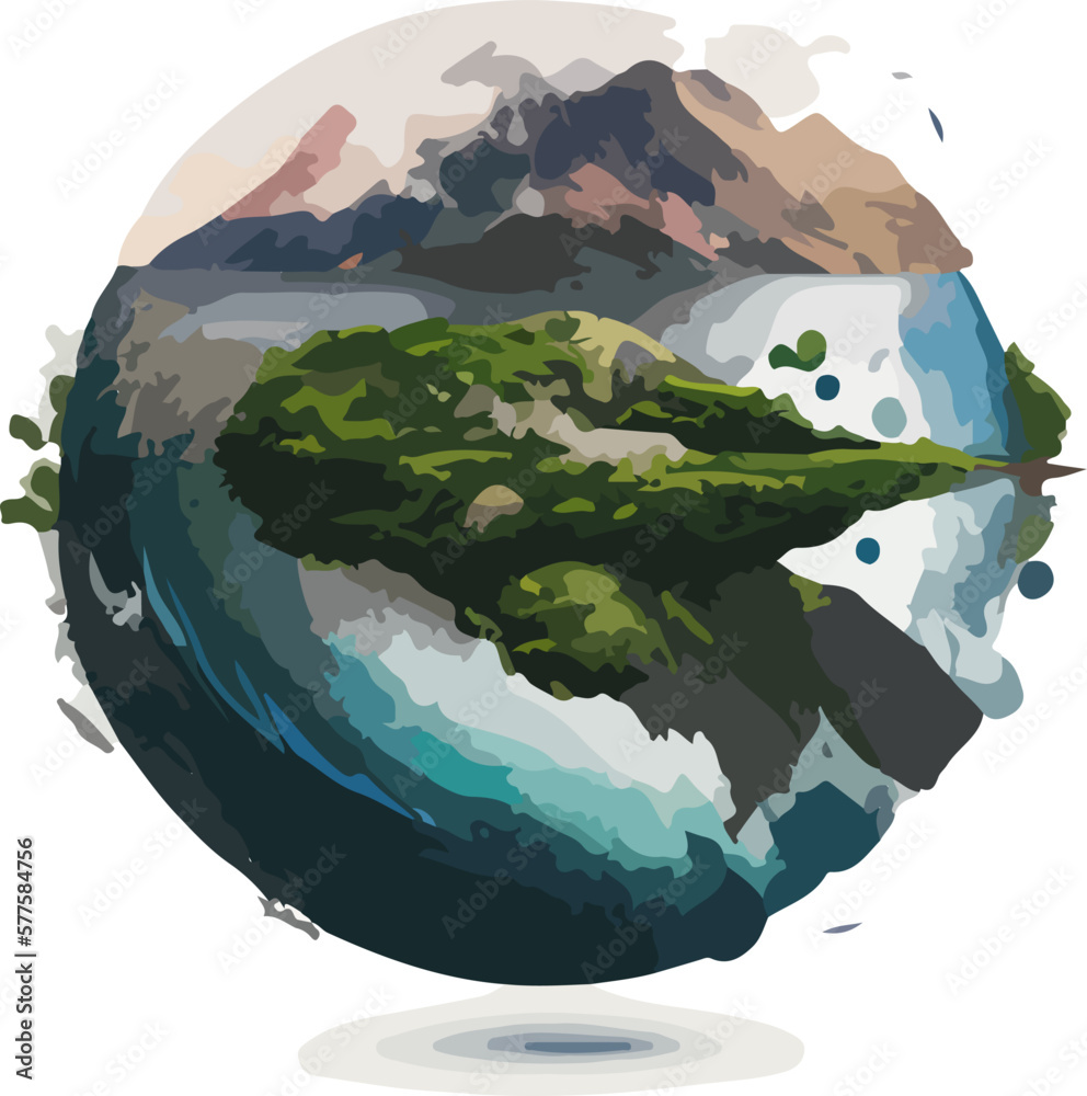 A nature landscape painting in the shape of a globe, rendered in vector ...
