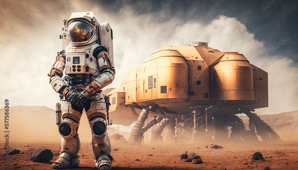 Astronaut proudly standing next to a robot building on mars created ...