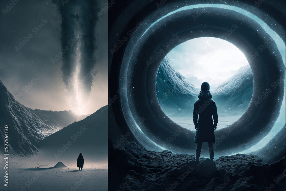 Spaceman travel through the space with mysterious sci-fi fantasy portal ...