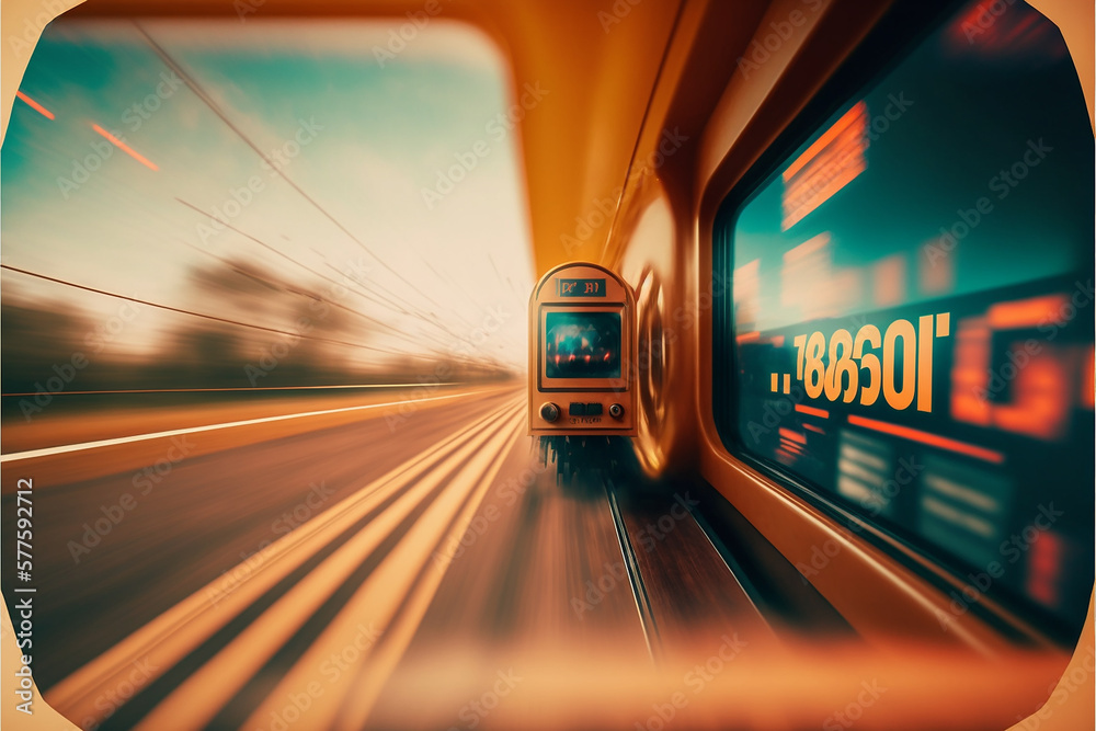 Moving forward motion blur background with light trails ,night scene. Digital graphs and hexagon ...