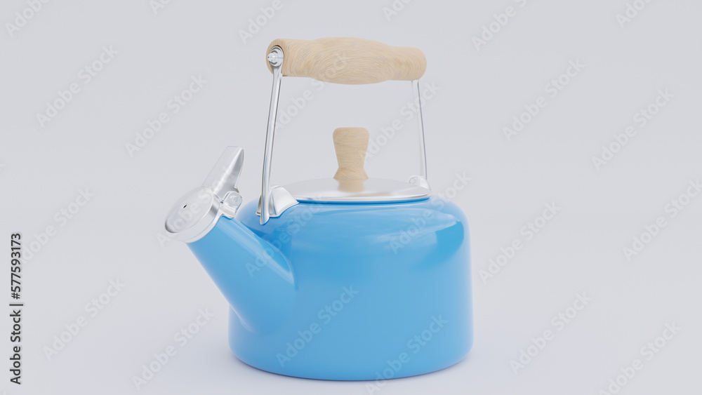 Perspective front view blue classic tea kettle with wooden handle and ...