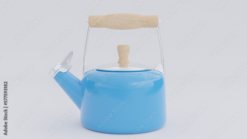 Side view blue classic tea kettle with wooden handle and steel cap on ...