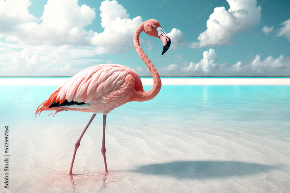 Flamingo walking on tropical beach with blue sky white clouds abstract ...