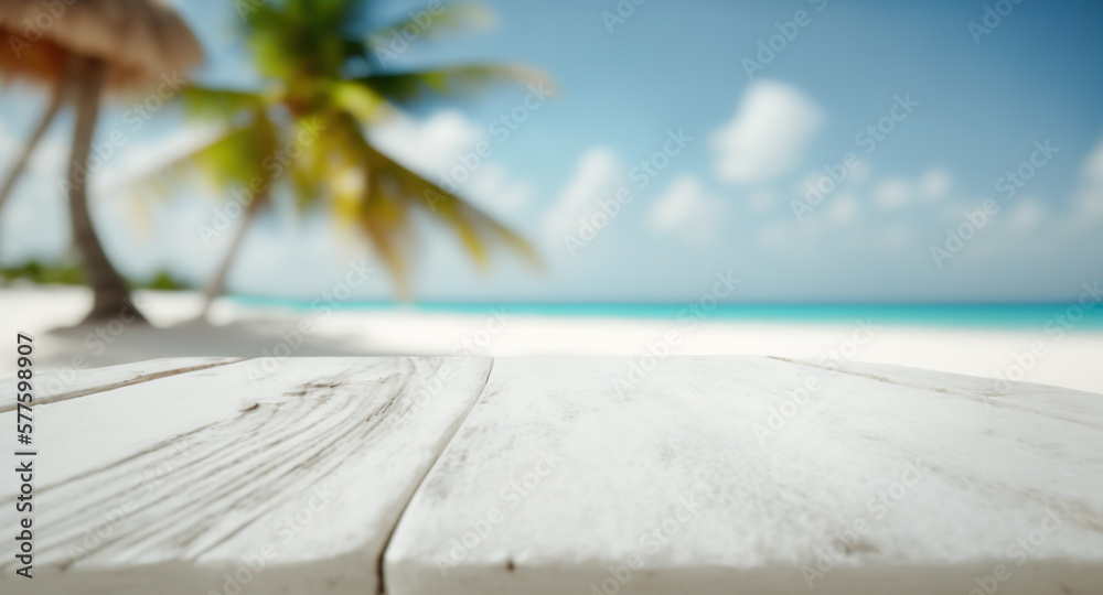 Sective focus.White rustic wood table top with blur sea or beach and ...