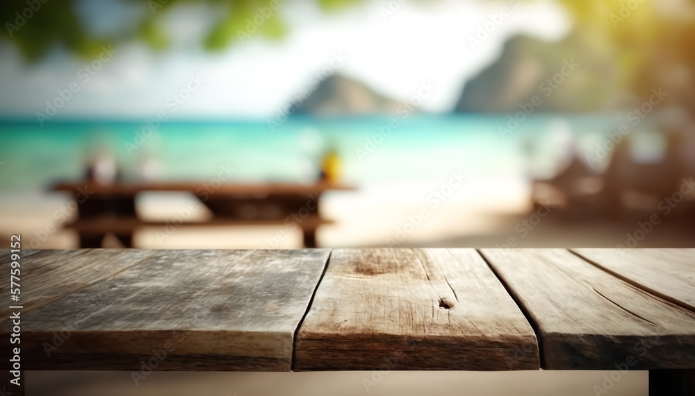 Sective focusrustic wood table top with blur sea or beach and.For ...