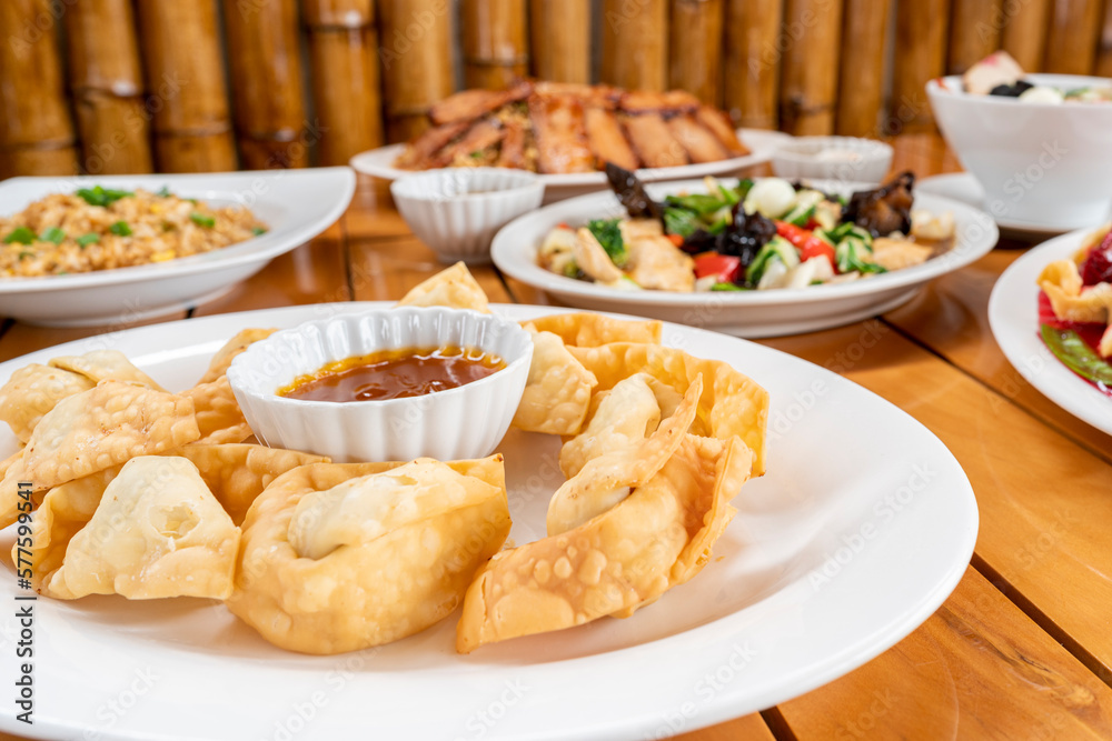 Chifa, half dozen of fried wantan with tamarind. peruvian food. chaufa ...
