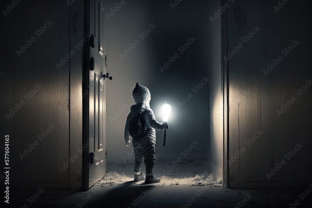 Silhouette of a child with a flashlight in a dark room. Generative AI ...