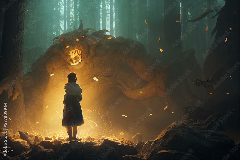 The wizard casts a spell to summon a giant monster, digital art style ...