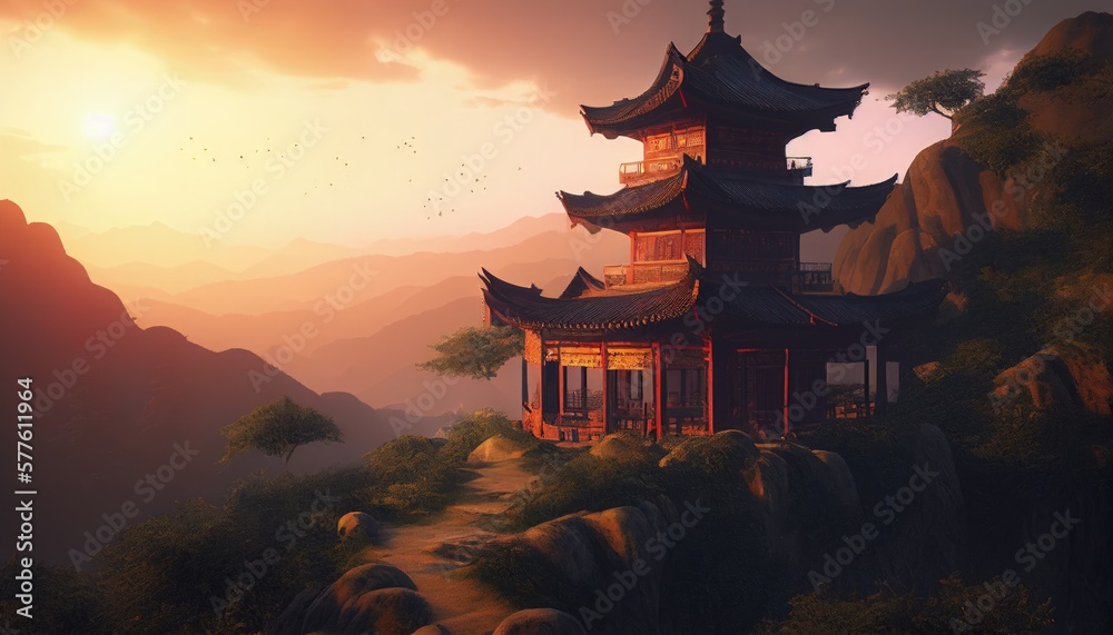 Chinese Architecture House in Forest with Mountain View during Sunset ...
