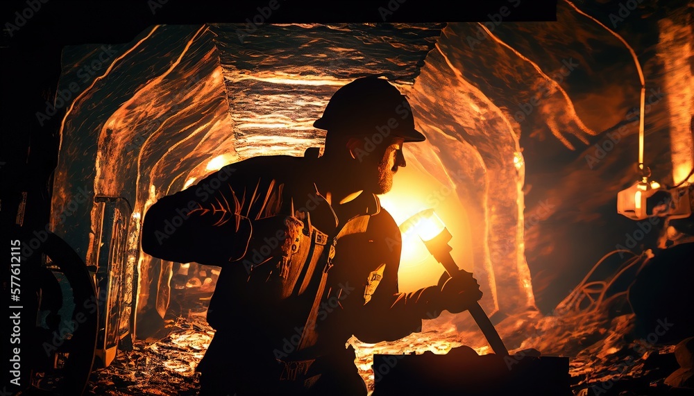 Miner Drilling with Pick in Dimly Lit Coal Mine. Generative AI. Stock ...