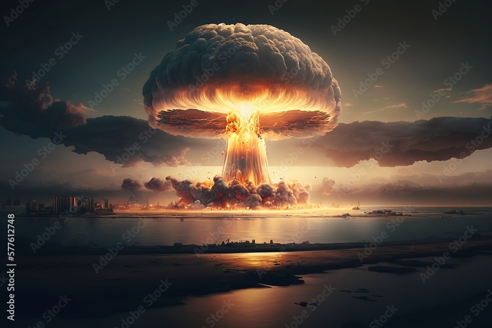 Nuclear explosion. Word nuclear war. Nuclear mushroom over water ...