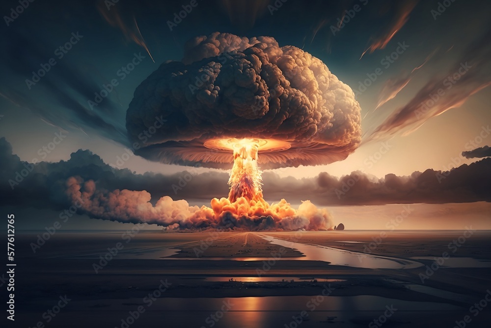 Nuclear explosion. Word nuclear war. Nuclear mushroom over water ...