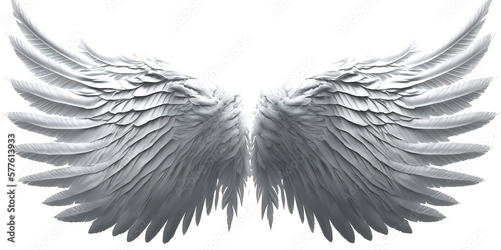 White angel wings render 3D feather bird wings isolated on white ...