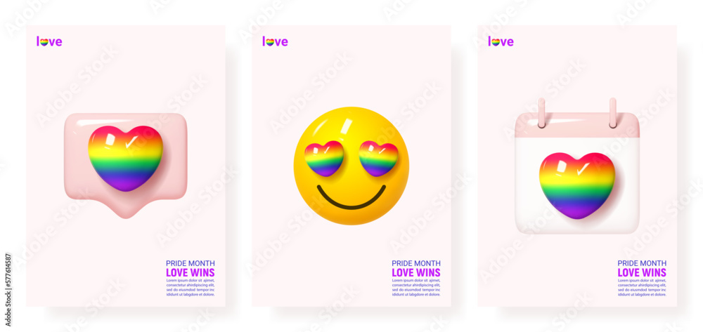 Set of posters for Pride Month. Minimal design posters with 3d rainbow ...